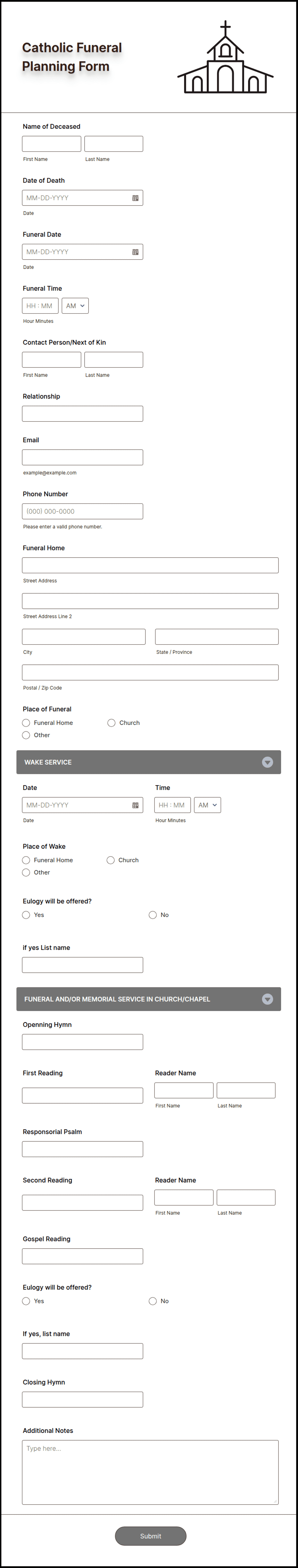 Catholic Funeral Planning Form Template | Jotform