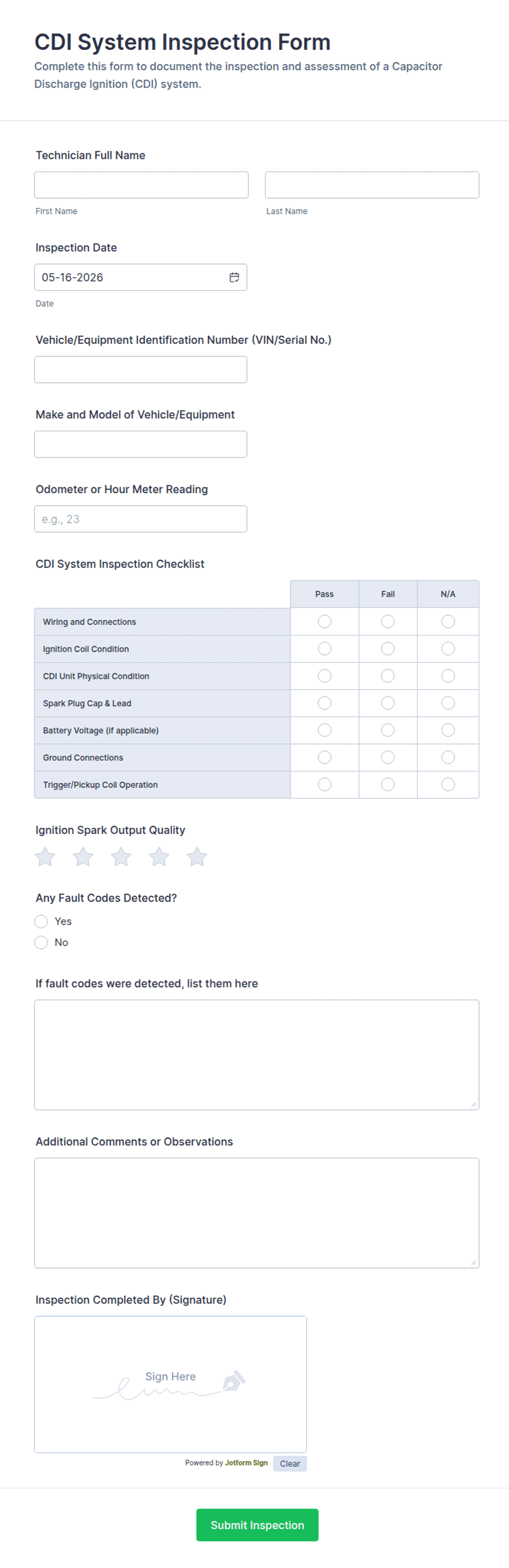 CDI System Inspection Form Template | Jotform