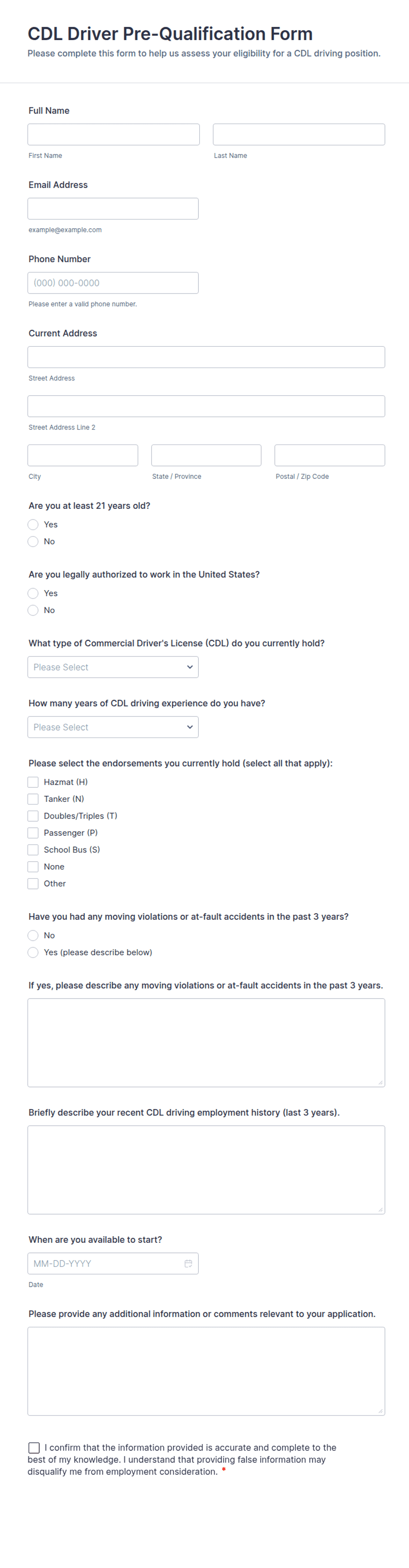 CDL Driver Pre-Qualification Form Template | Jotform
