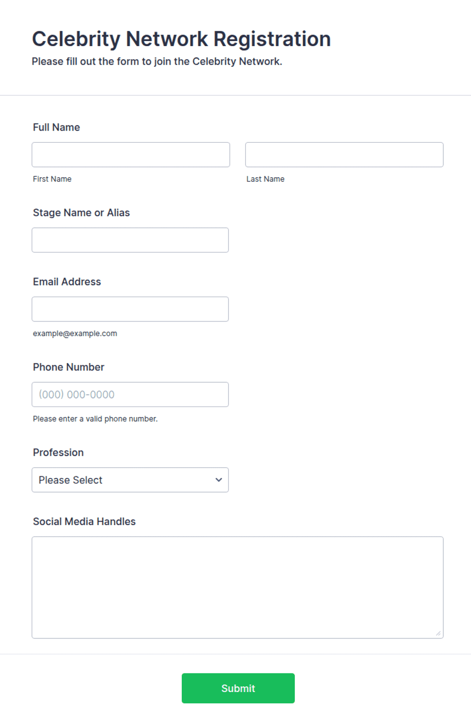 Celebrity Network Registration Form Template | Jotform