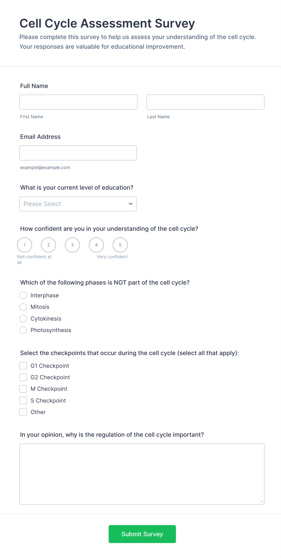Cell Cycle Assessment Survey Form Template | Jotform
