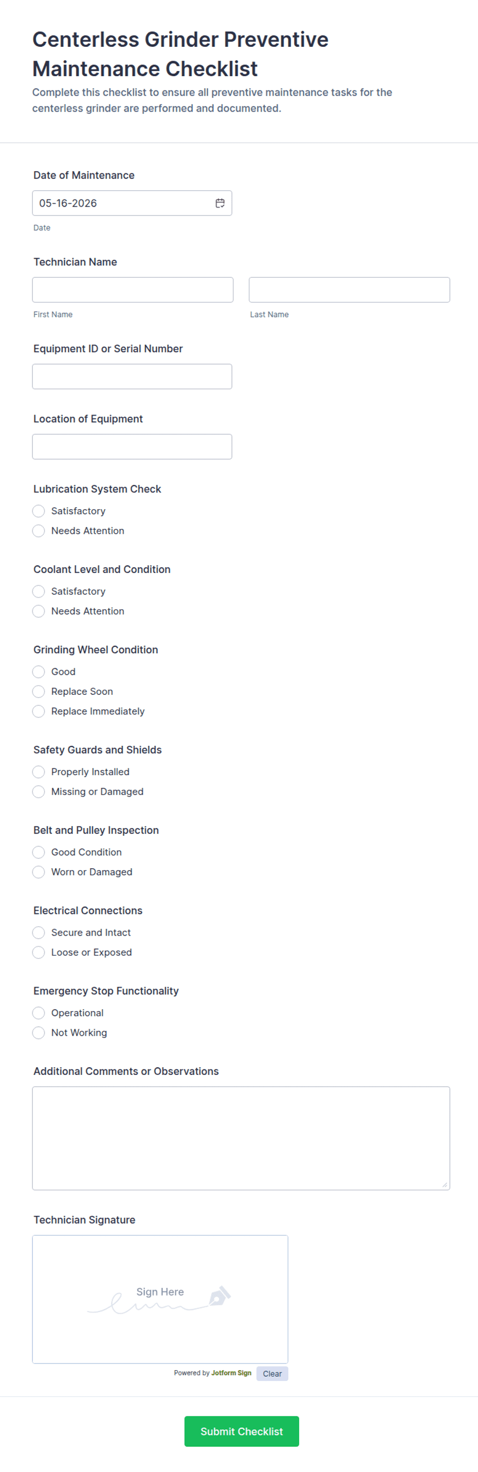 Centerless Grinder Preventive Maintenance Checklist Form Template | Jotform