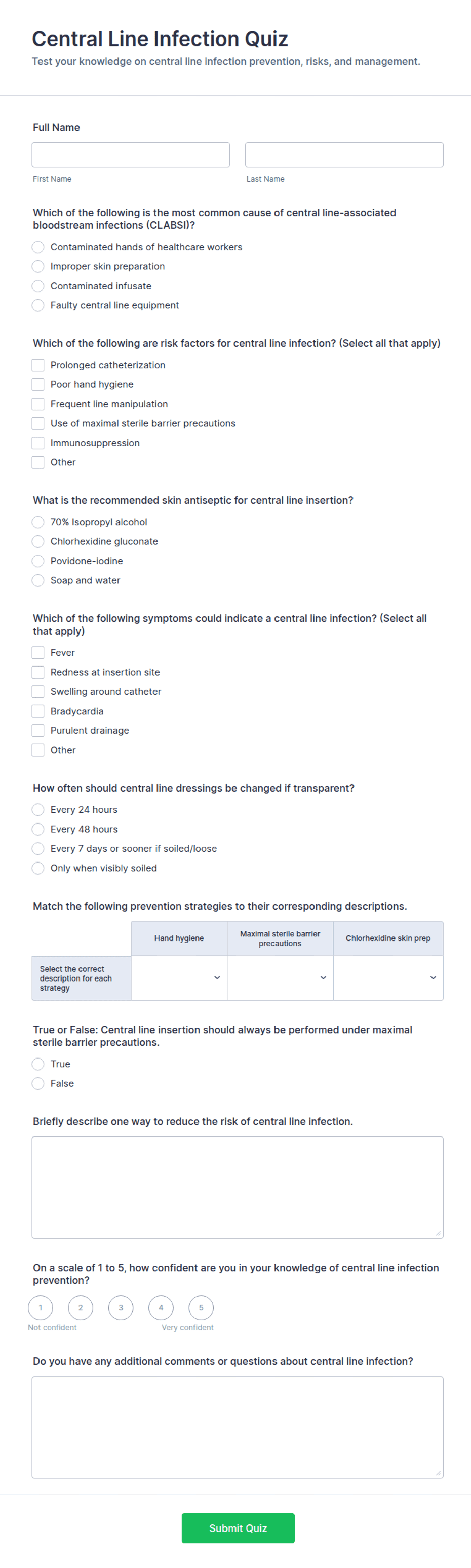 Central Line Infection Quiz Form Template | Jotform