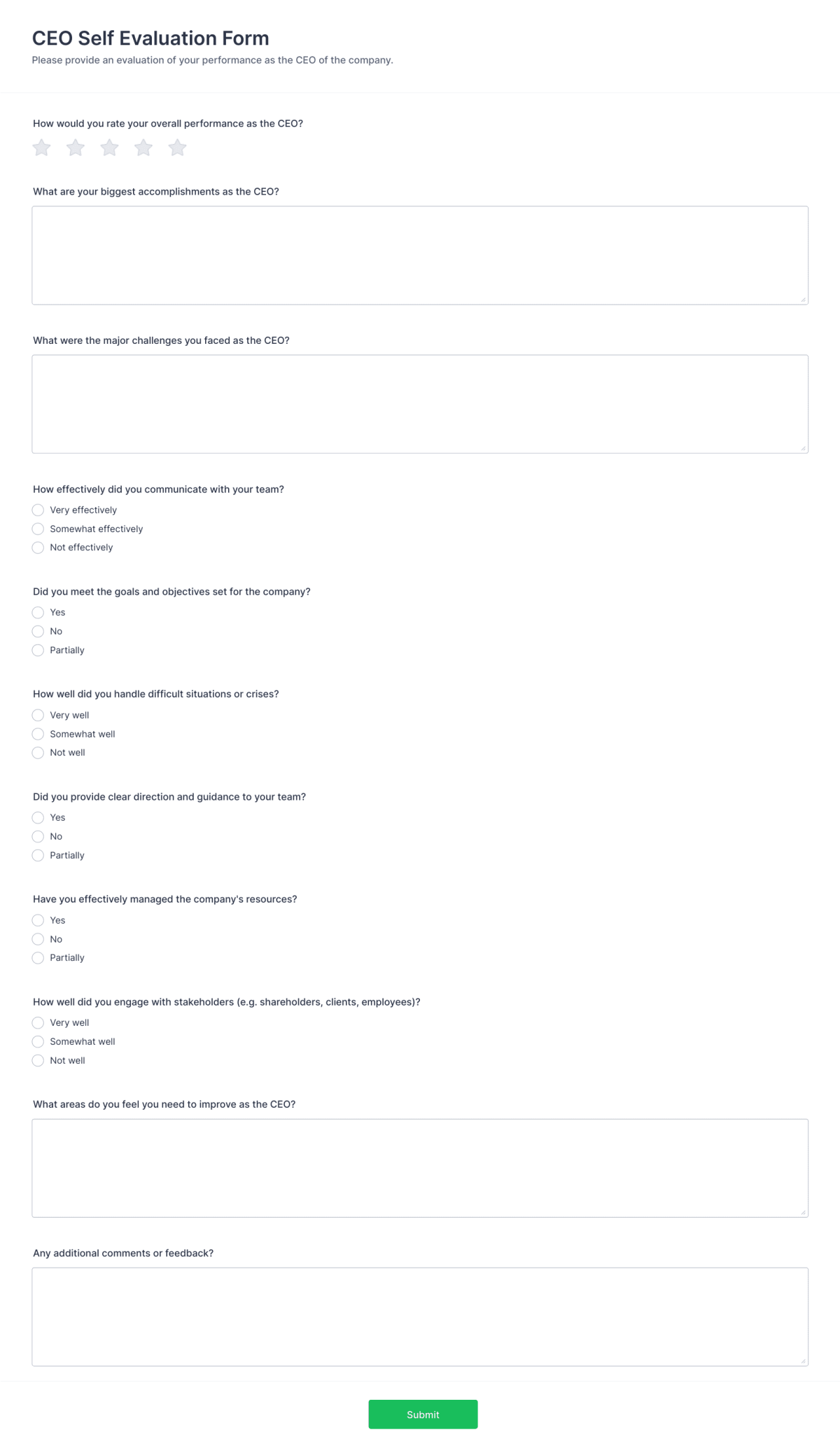 CEO Self Evaluation Form Template | Jotform