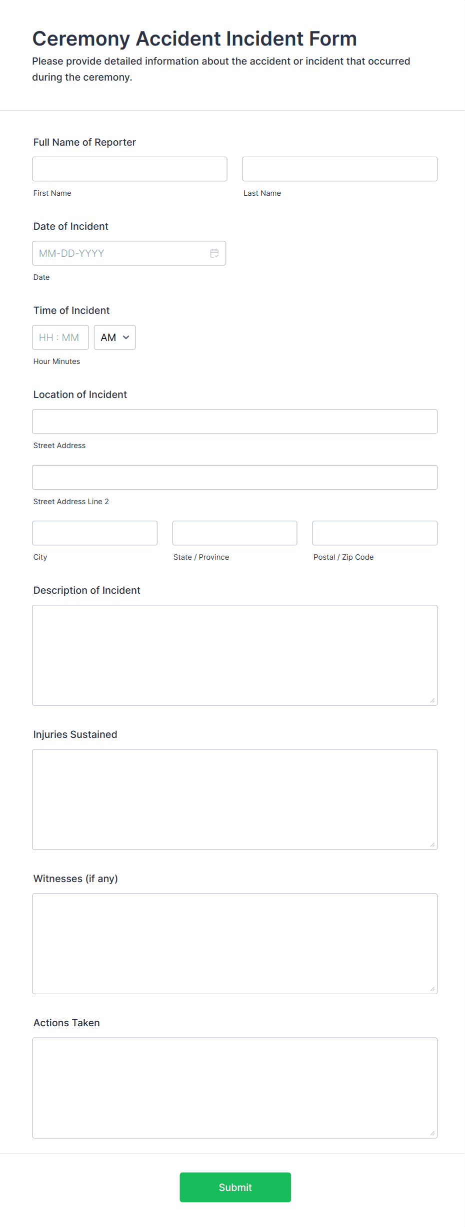 Ceremony Accident Incident Form Template | Jotform