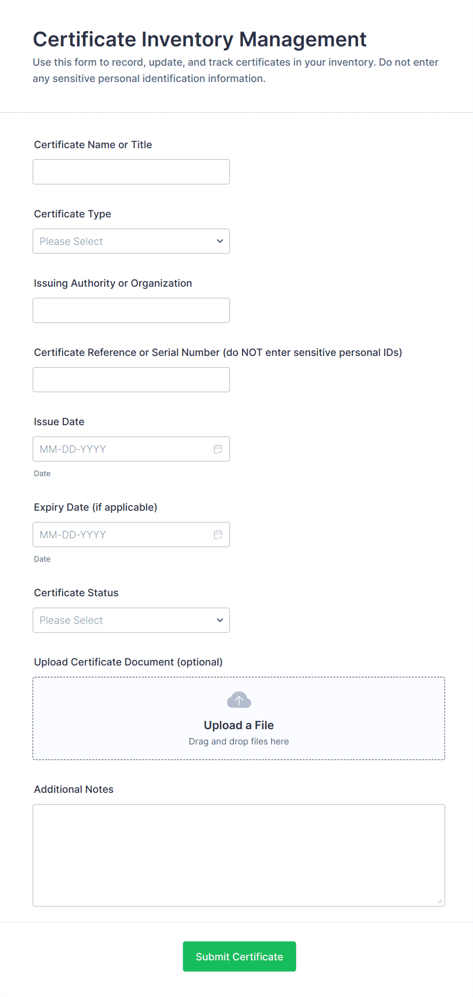 Certificate Inventory Management Form Template | Jotform