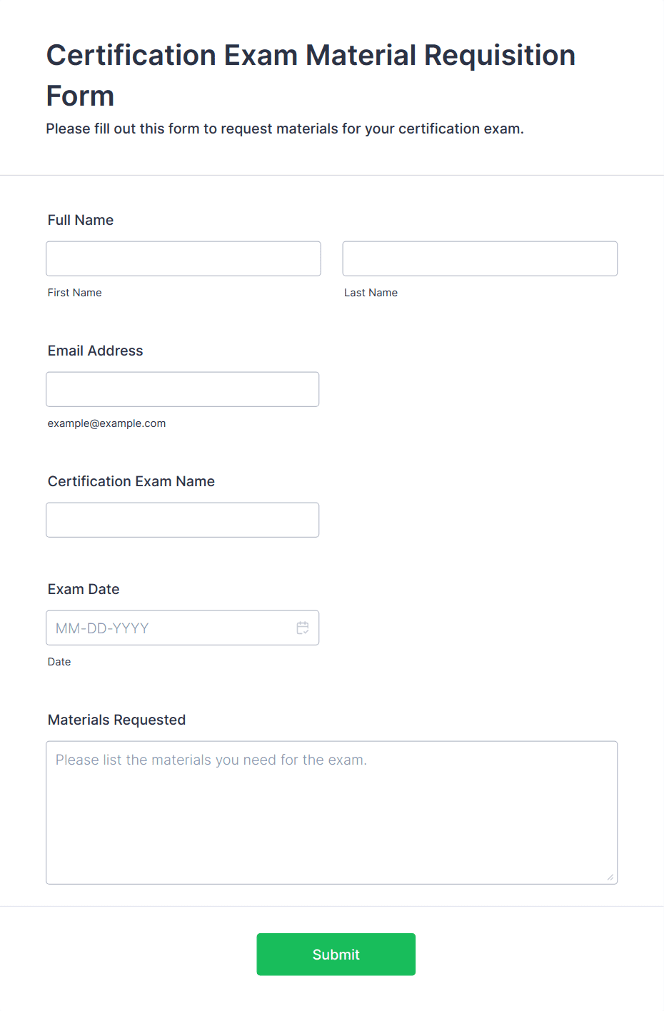 Certification Exam Material Requisition Form Template | Jotform