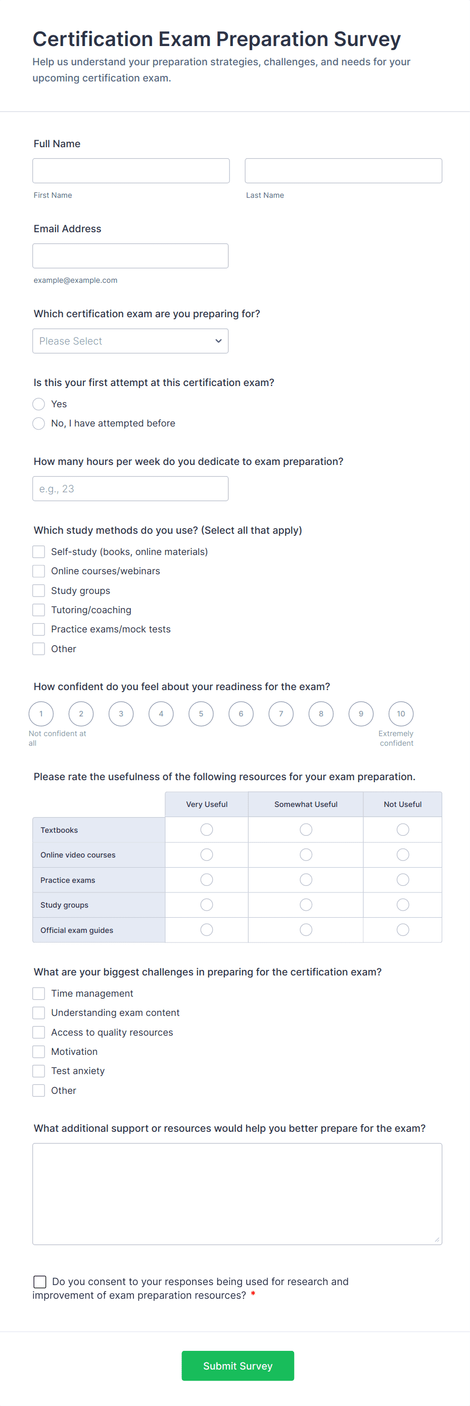 Certification Exam Preparation Survey Form Template | Jotform