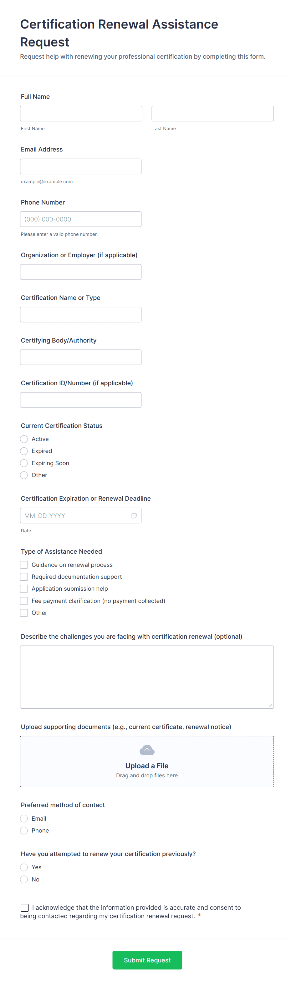 Certification Renewal Assistance Request Form Template | Jotform