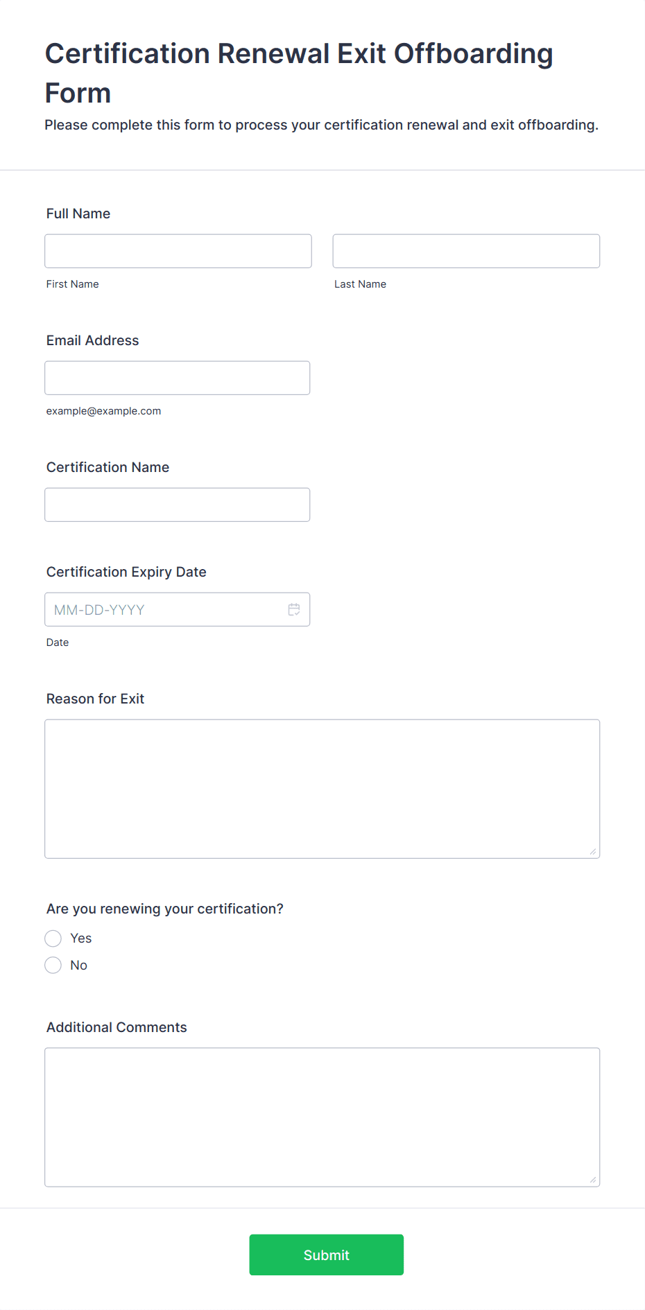 Certification Renewal Exit Offboarding Form Template | Jotform