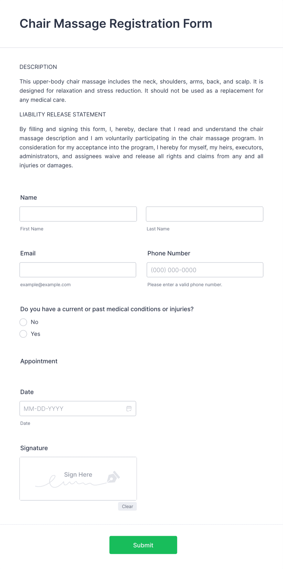 Chair Massage Registration Form Template | Jotform