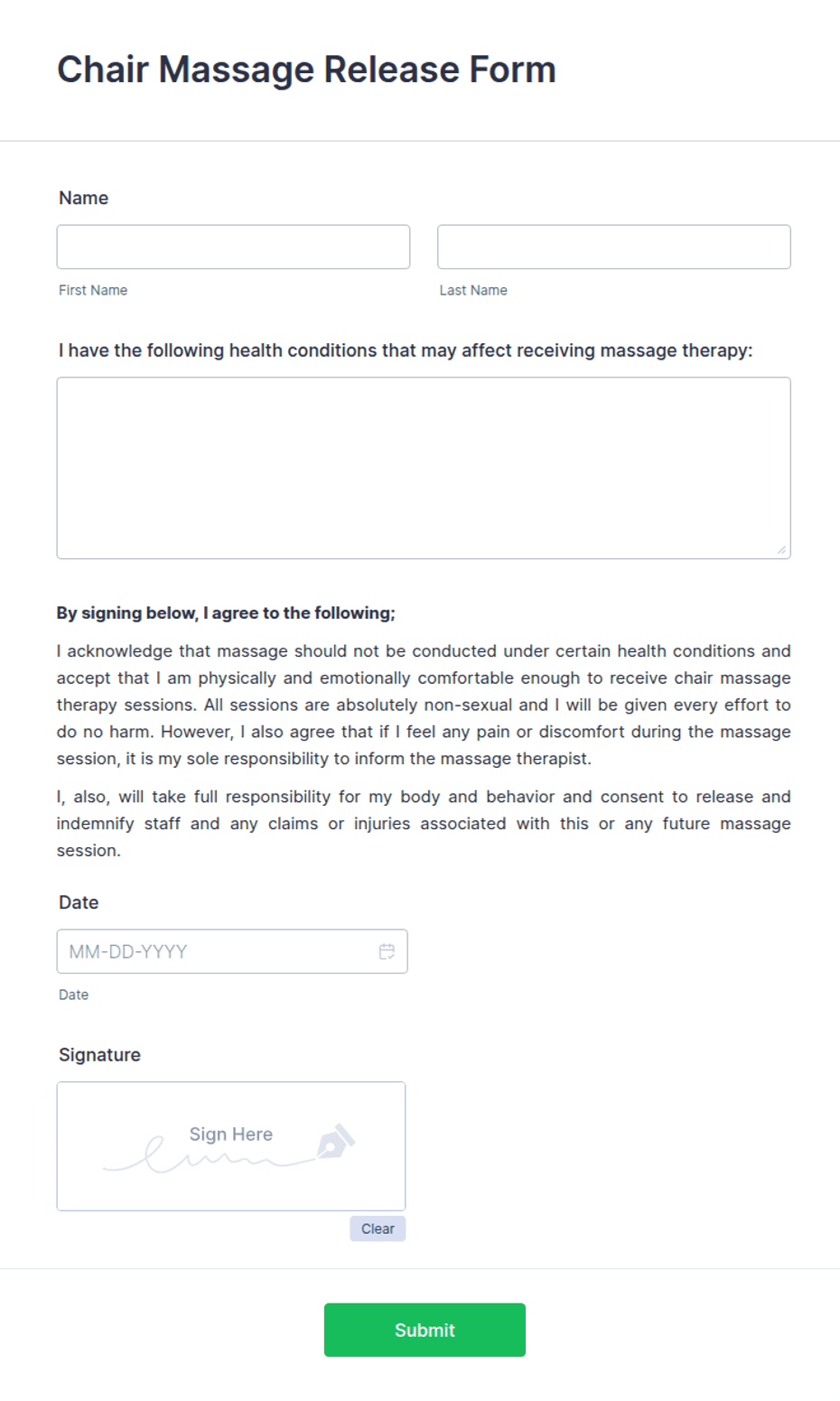 Chair Massage Release Form Template | Jotform