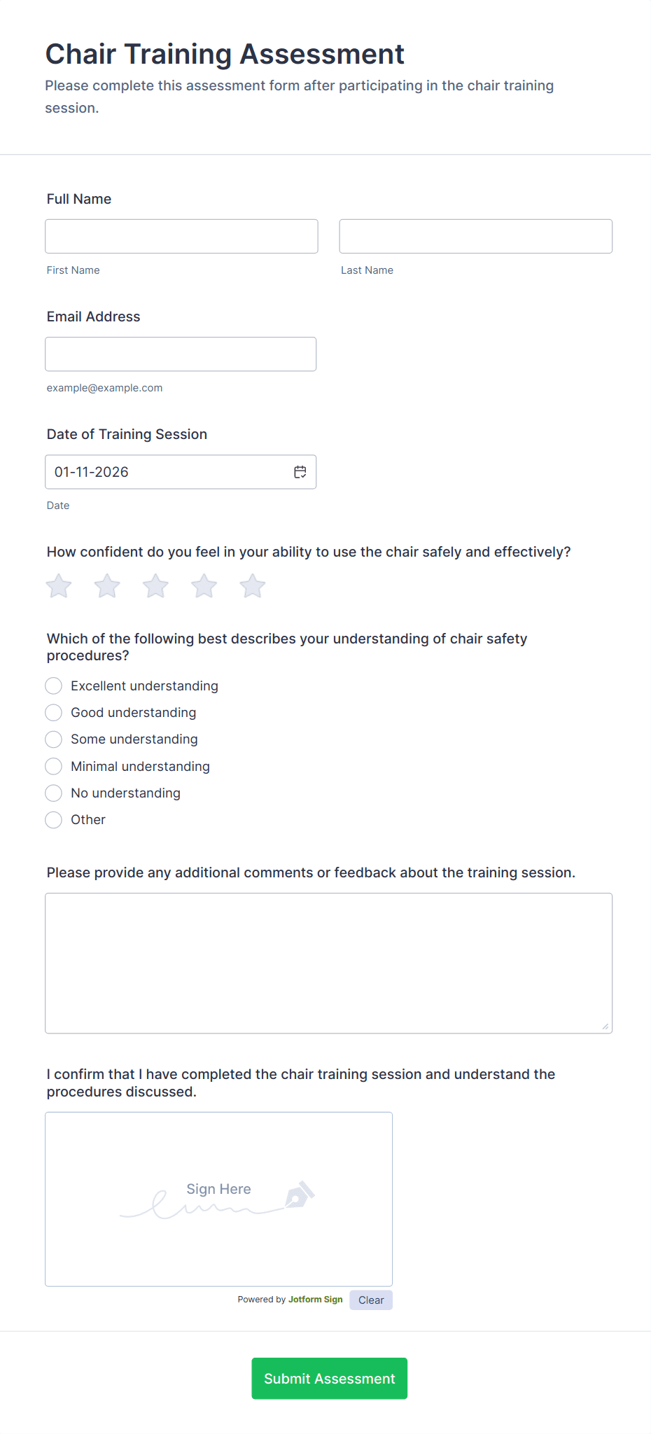 Chair Training Assessment Form Template | Jotform