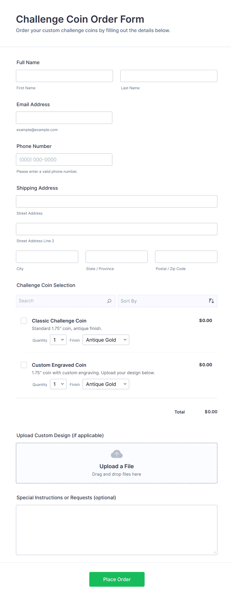 Challenge Coin Order Form Template | Jotform