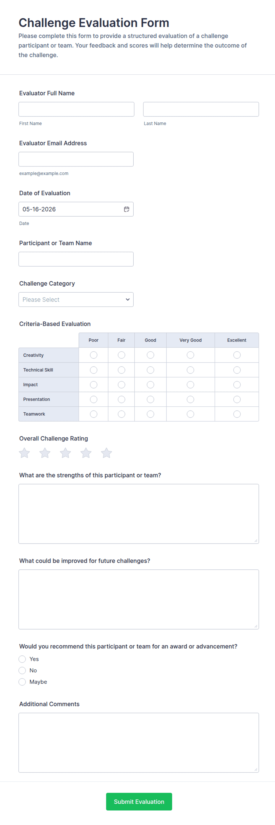 Challenge Evaluation Form Template | Jotform