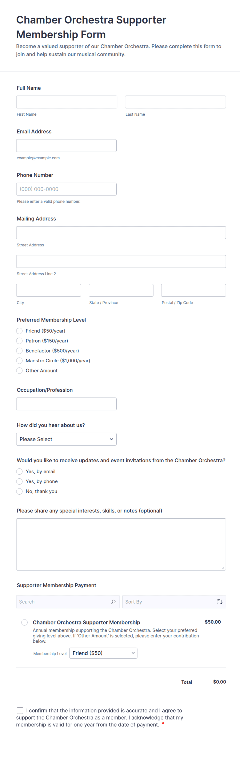 Chamber Orchestra Supporter Membership Form Template | Jotform