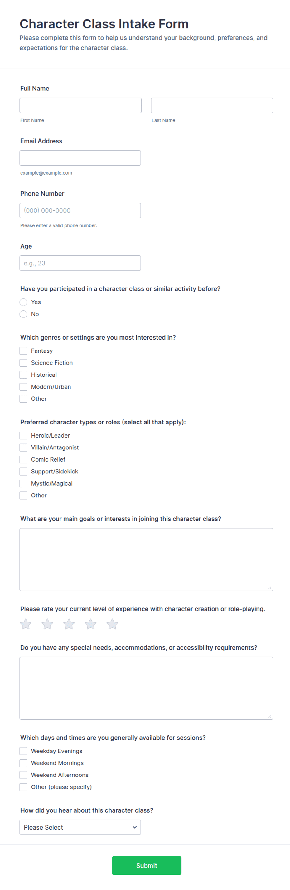 Character Class Intake Form Template | Jotform