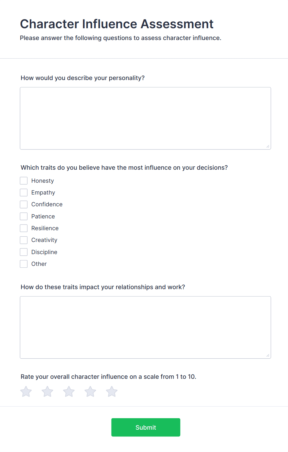 Character Influence Assessment Form Template | Jotform
