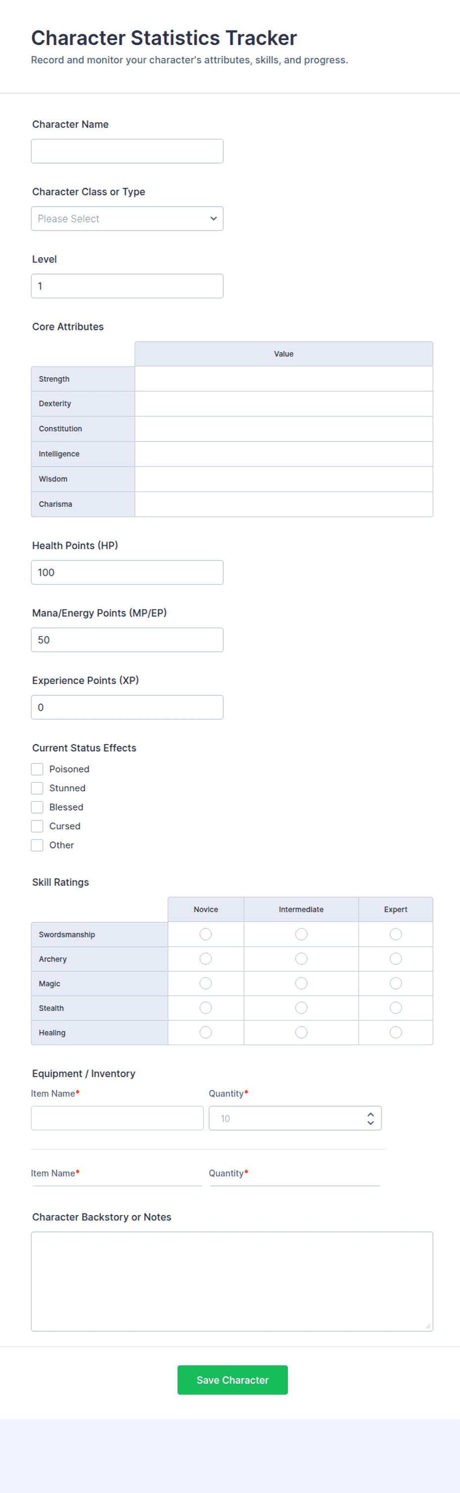Character Statistics Tracker Form Template | Jotform