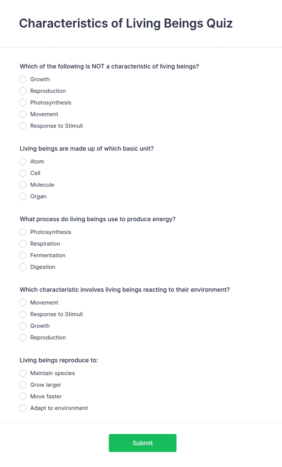 Characteristics of Living Beings Quiz Form Template | Jotform