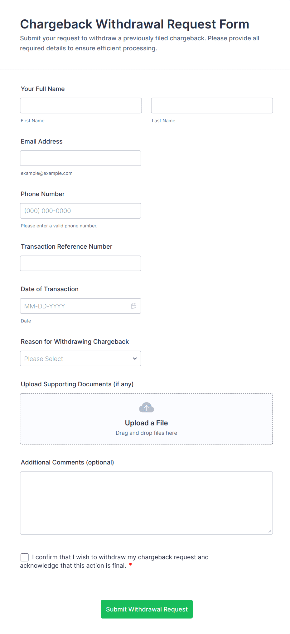Chargeback Withdrawal Request Form Template | Jotform