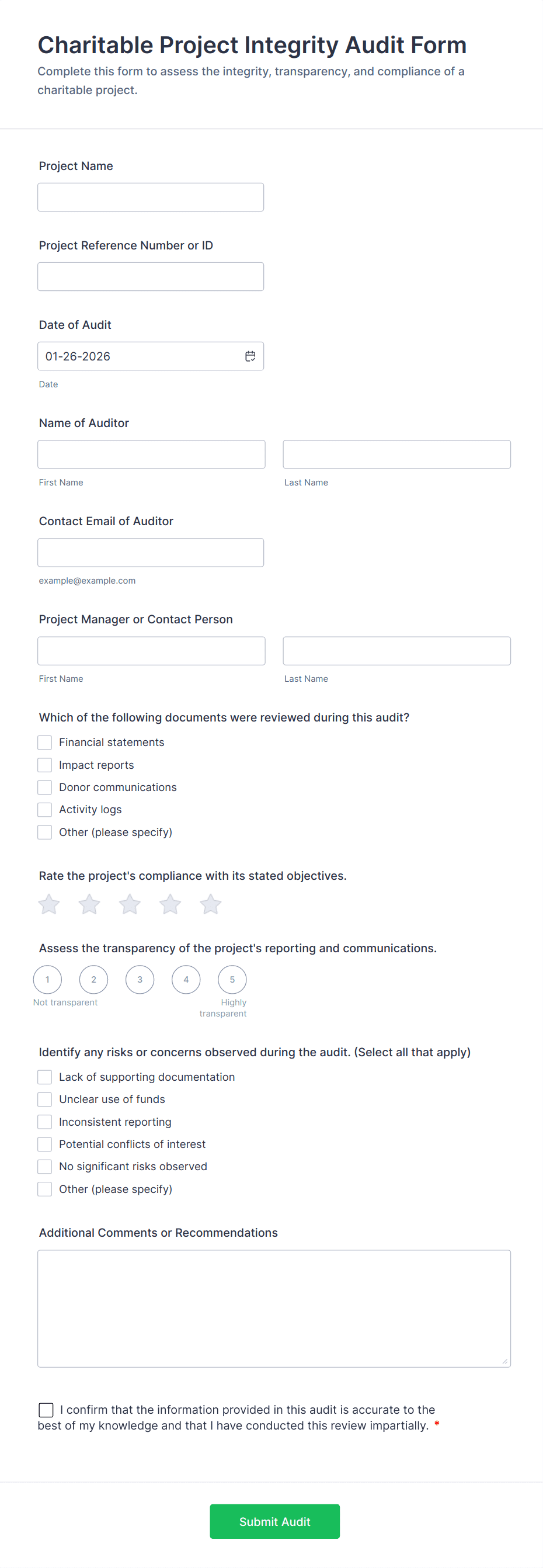 Charitable Project Integrity Audit Form Form Template | Jotform