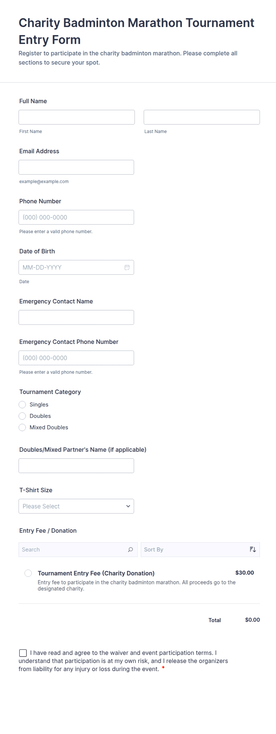 Charity Badminton Marathon Tournament Entry Form Template | Jotform