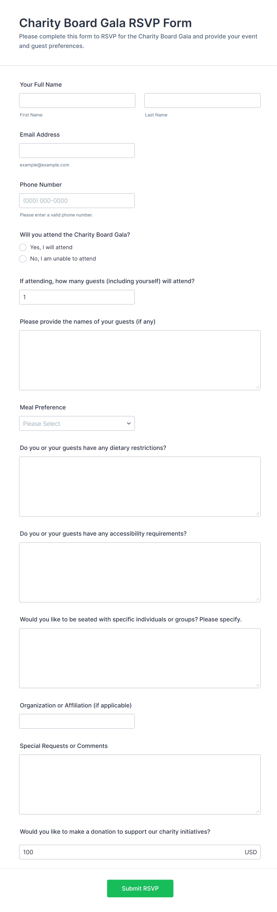 Charity Board Gala RSVP Form Template | Jotform