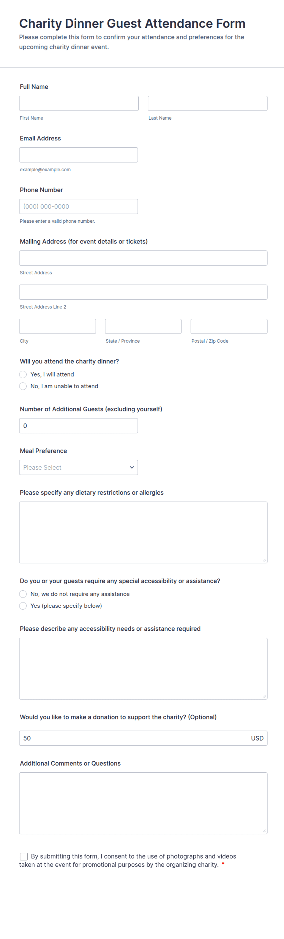 Charity Dinner Guest Attendance Form Template | Jotform