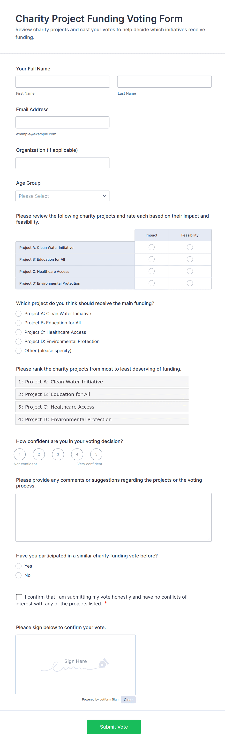 Charity Project Funding Voting Form Template | Jotform
