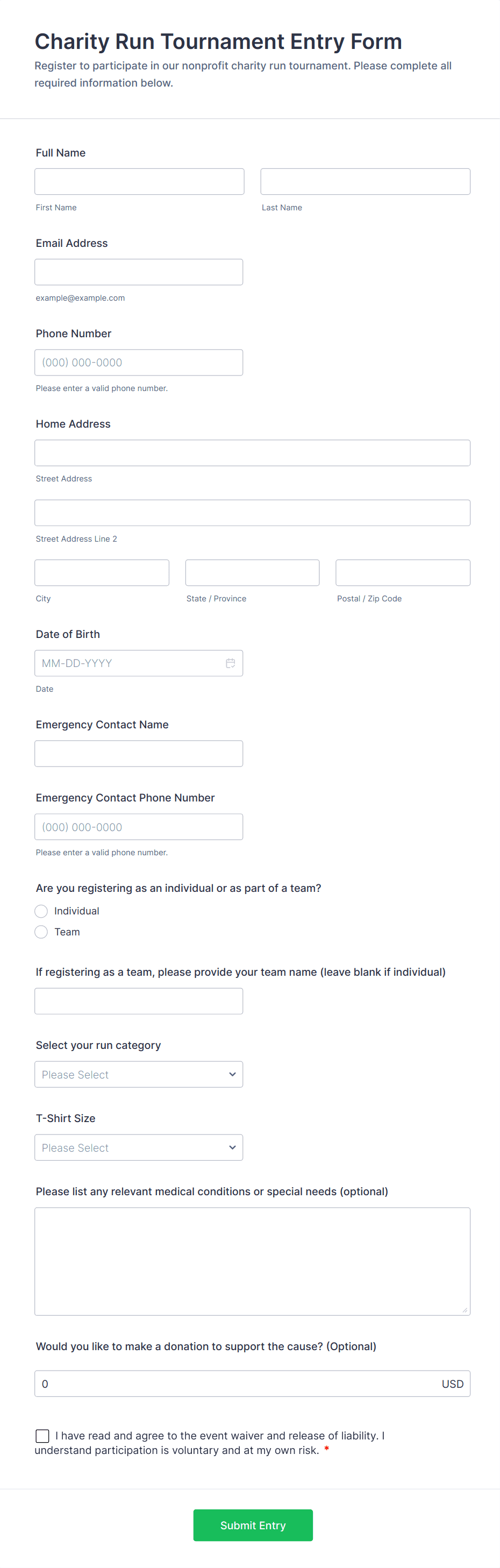 Charity Run Tournament Entry Form Template | Jotform