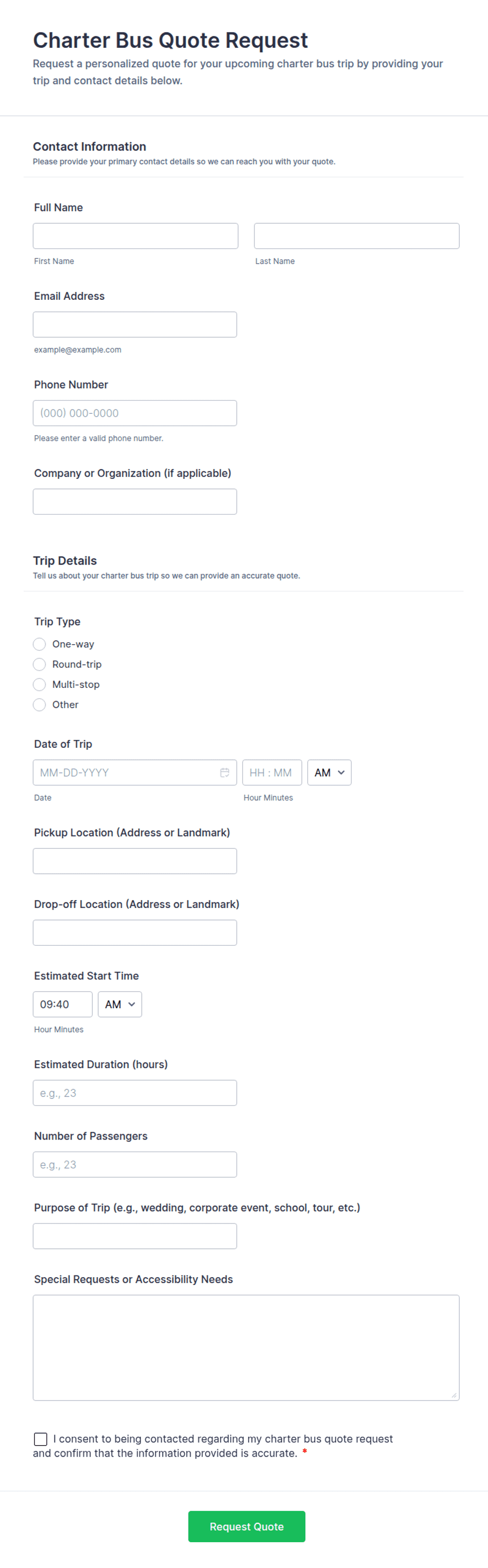 Charter Bus Quote Request Form Template | Jotform
