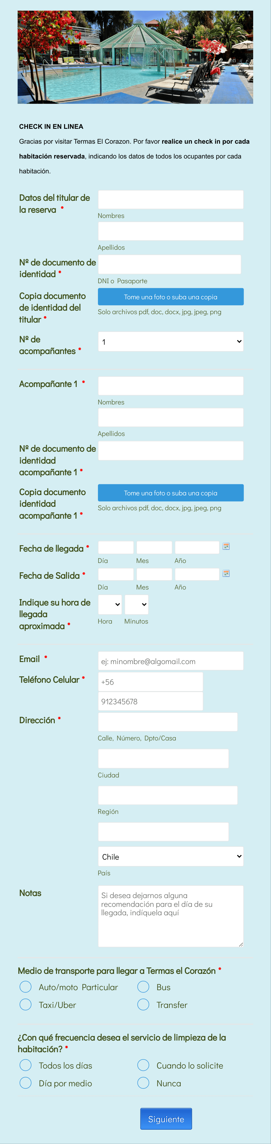 Check-In On Line Termas El Corazon Plantilla de formulario | Jotform