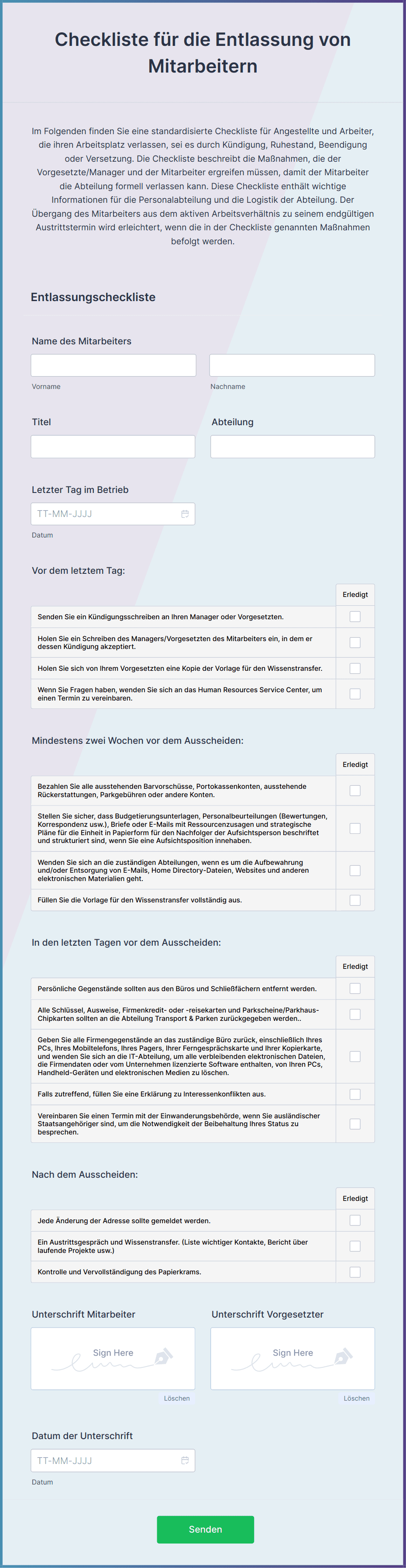 Checkliste für die Entlassung von Mitarbeitern Formularvorlage | Jotform