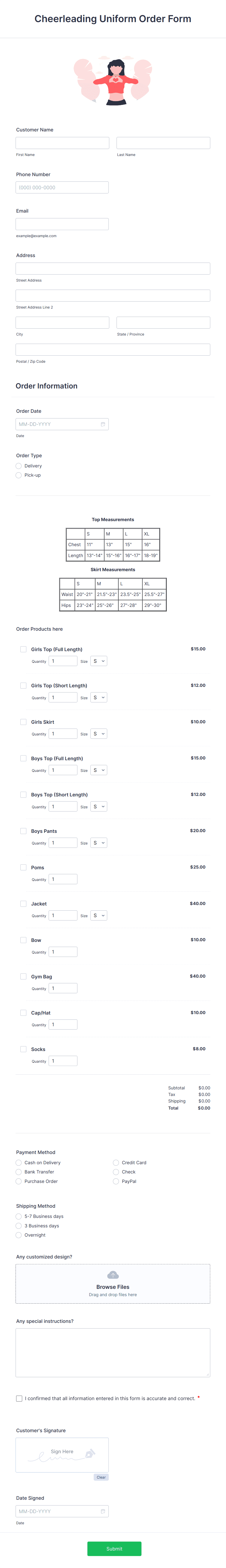 Cheerleading Uniform Order Form Template | Jotform