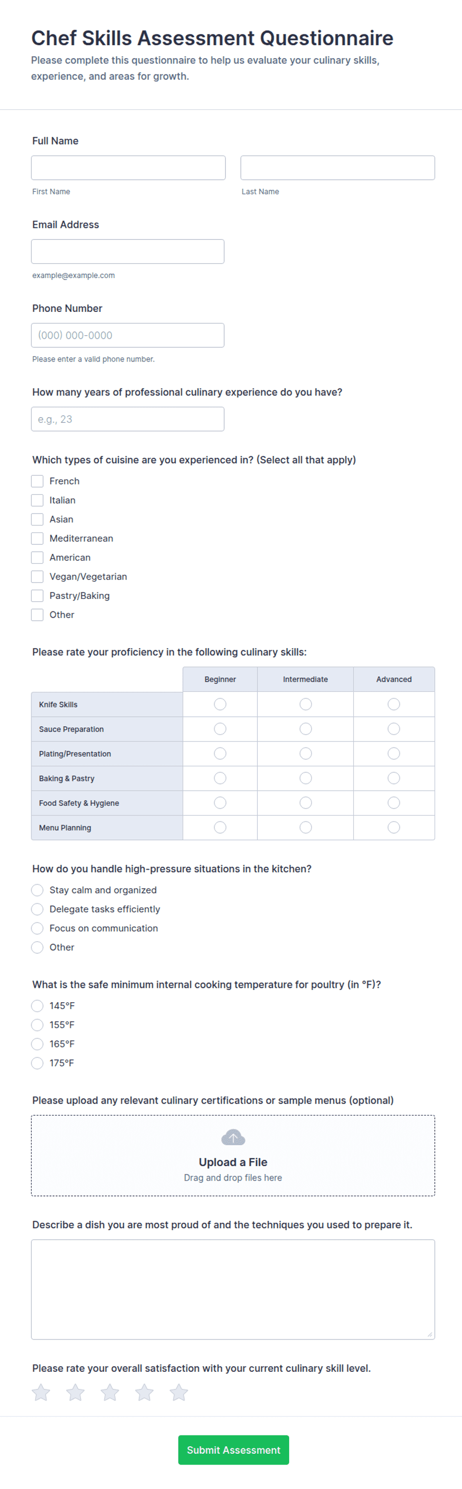 Chef Skills Assessment Questionnaire Form Template | Jotform