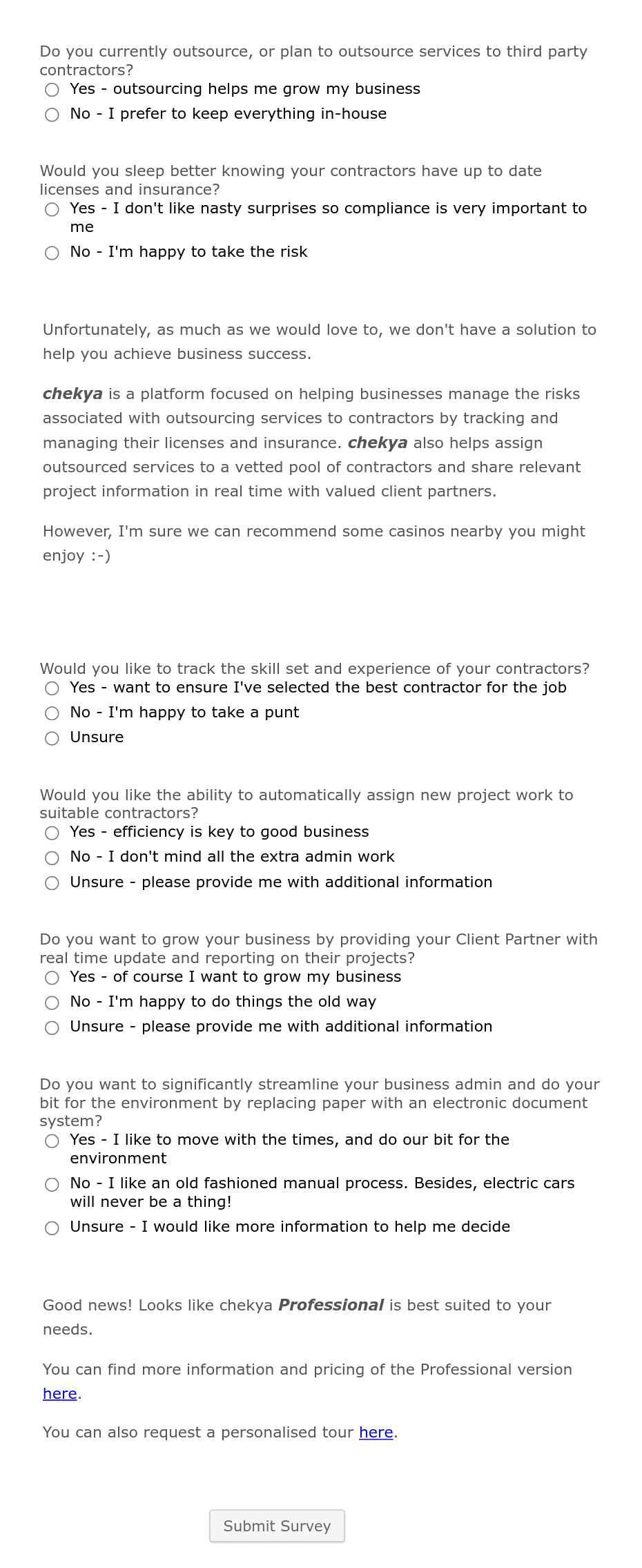 chekya website self survey Form Template | Jotform