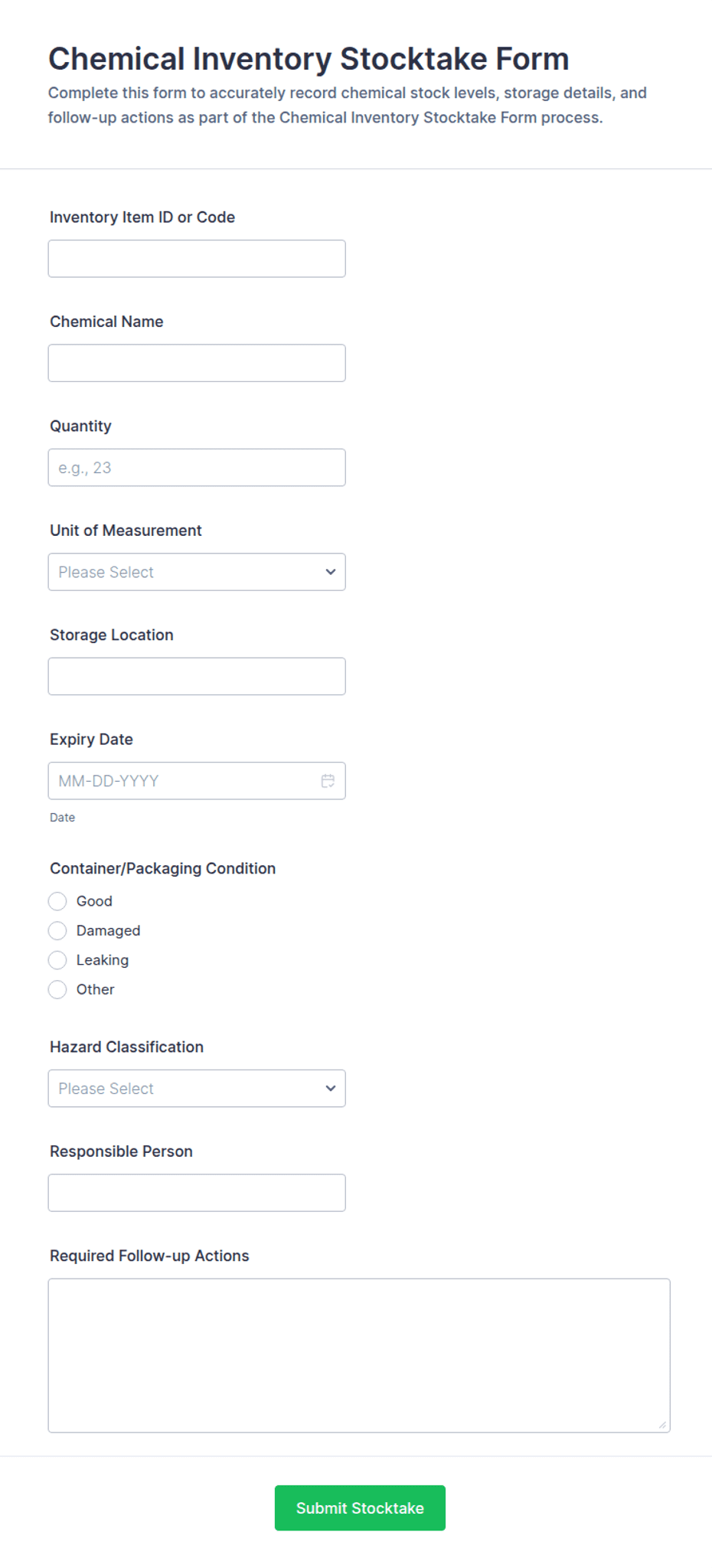 Chemical Inventory Stocktake Form Template | Jotform