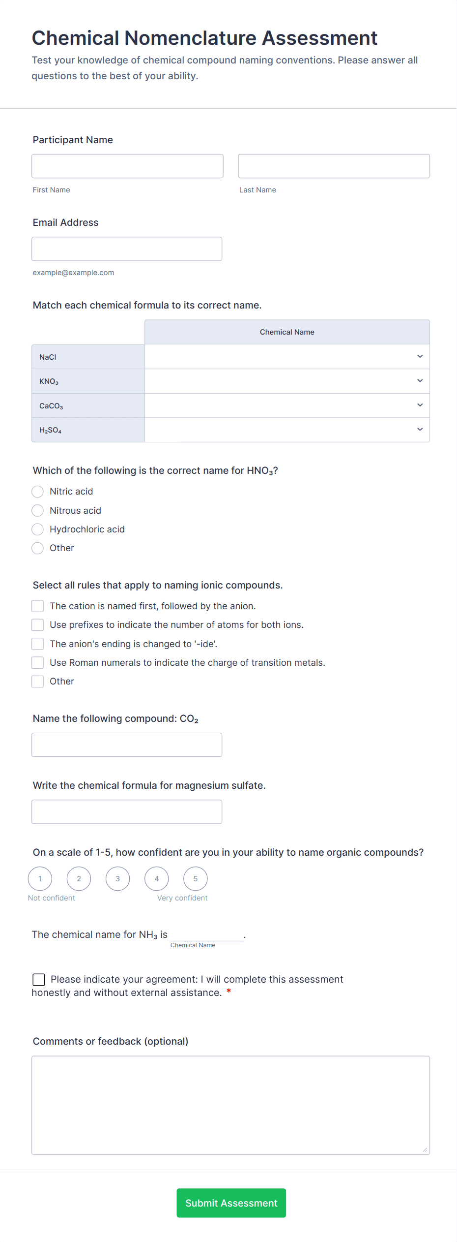 Chemical Nomenclature Assessment Form Template | Jotform
