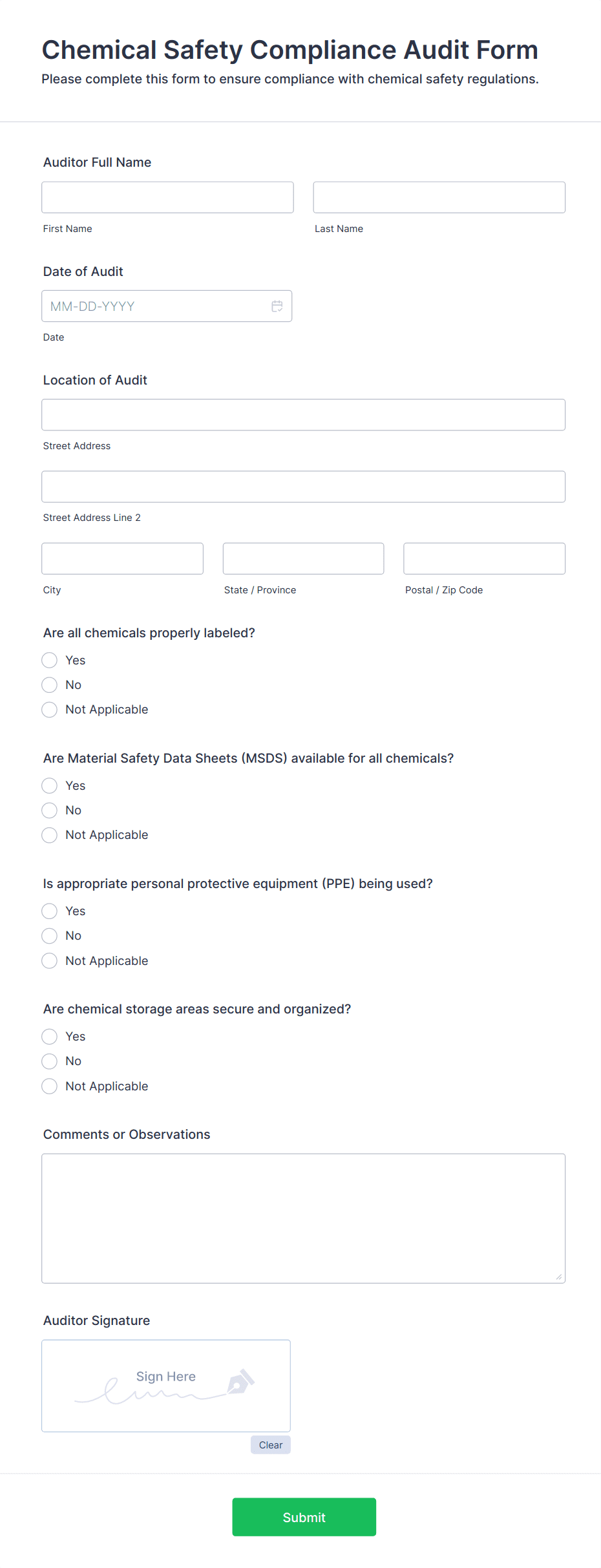 Chemical Safety Compliance Audit Form Template | Jotform