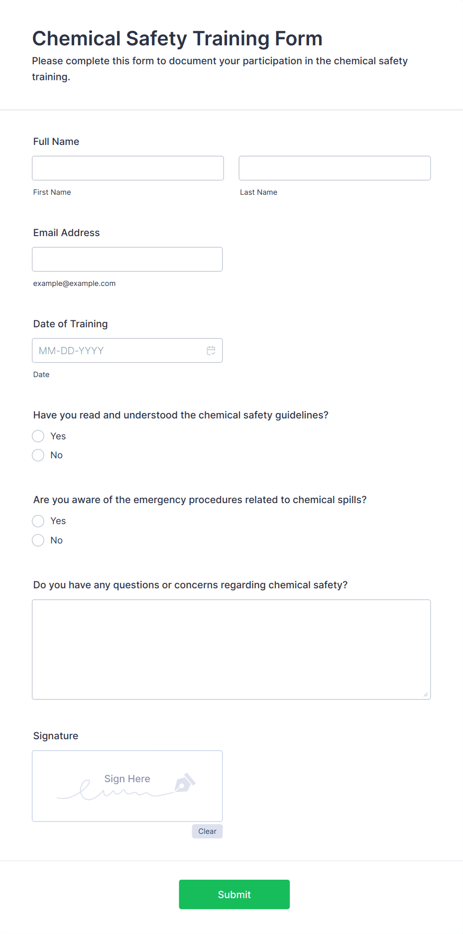 Chemical Safety Training Form Template | Jotform
