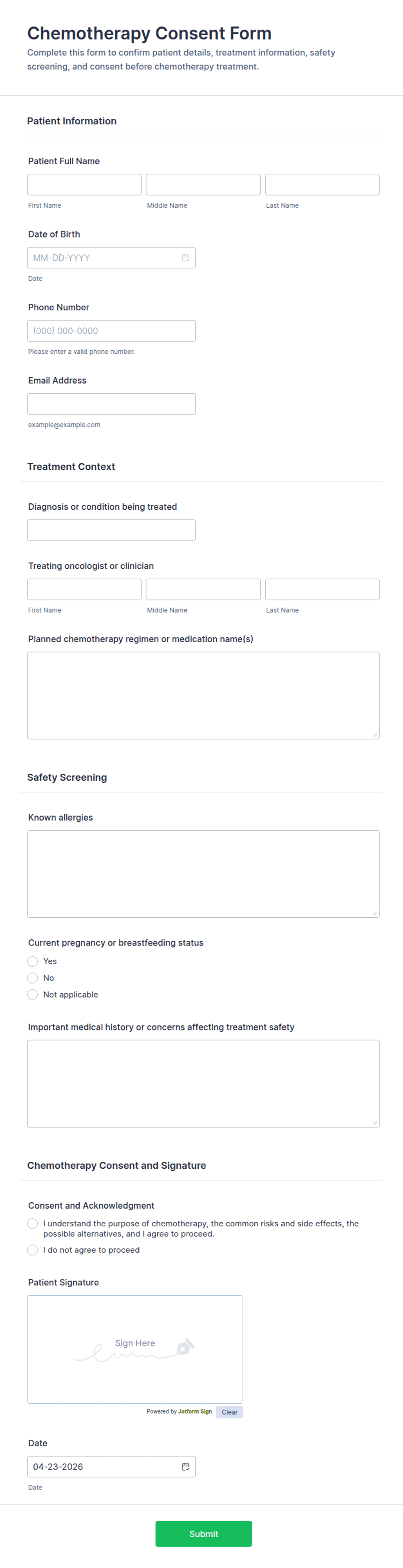 Chemotherapy Consent Form Template | Jotform