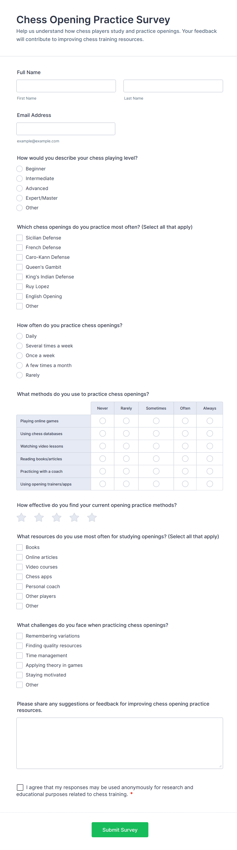 Chess Opening Practice Survey Form Template | Jotform