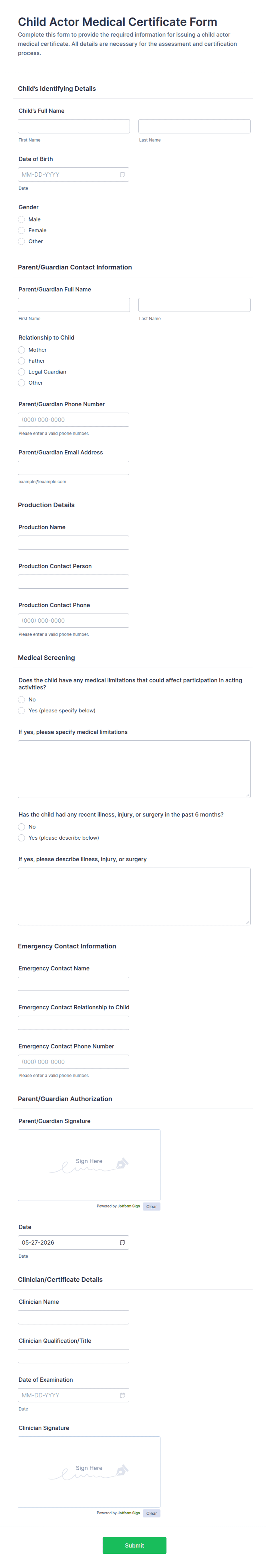 Child Actor Medical Certificate Form Template | Jotform