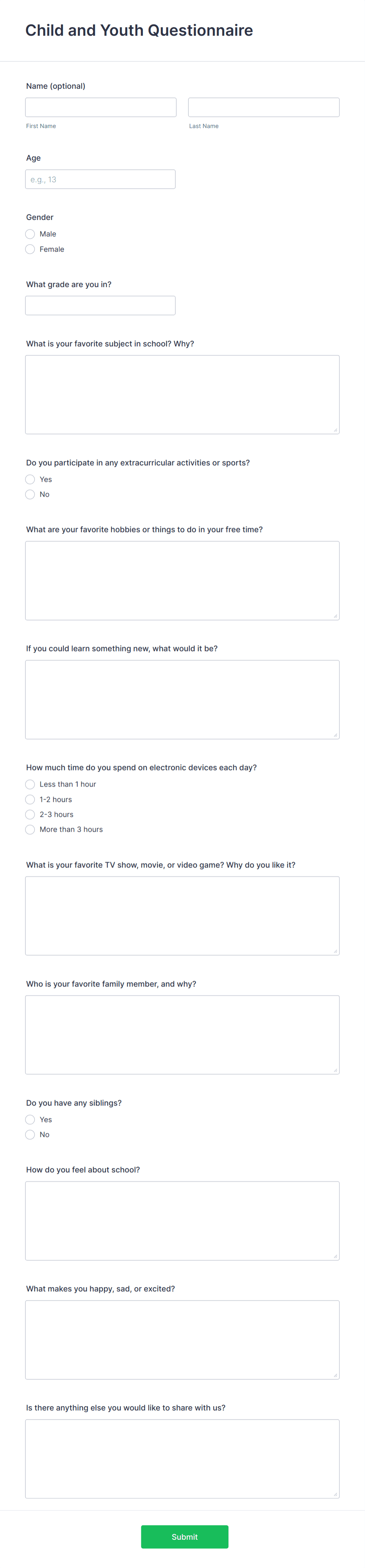 Child and Youth Questionnaire Form Template | Jotform