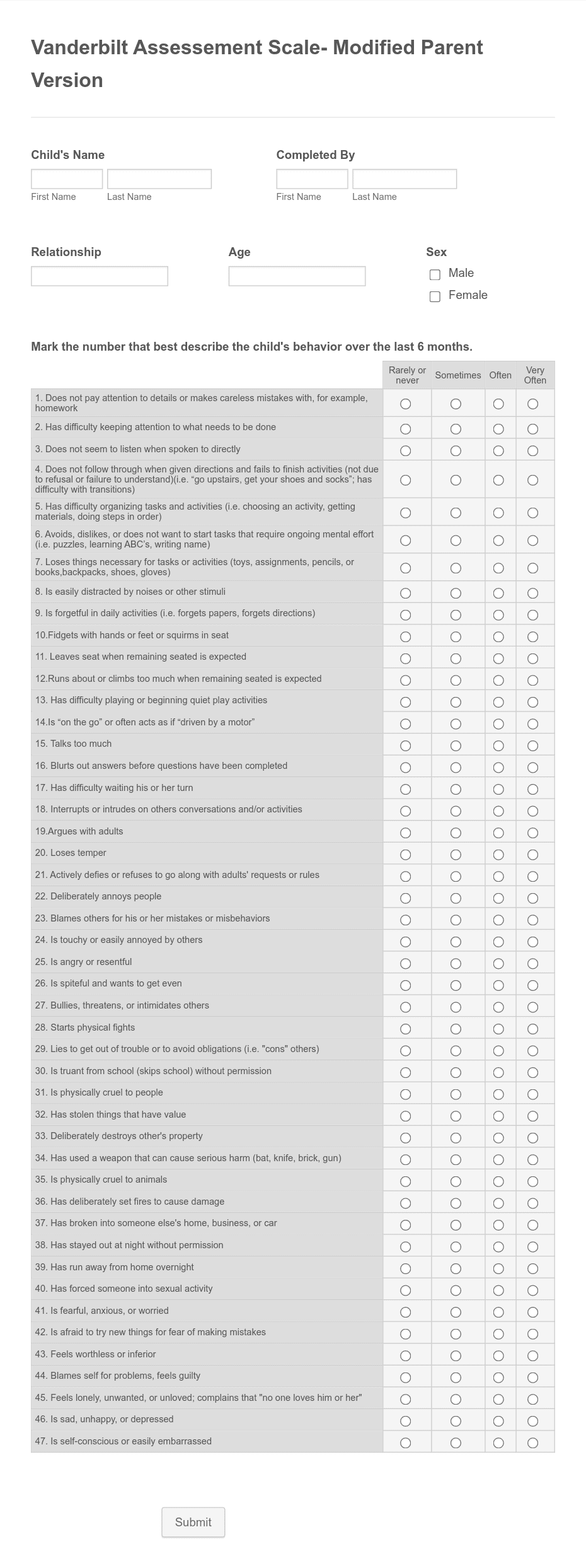 Child Behavior Questionnaire Form Template | Jotform