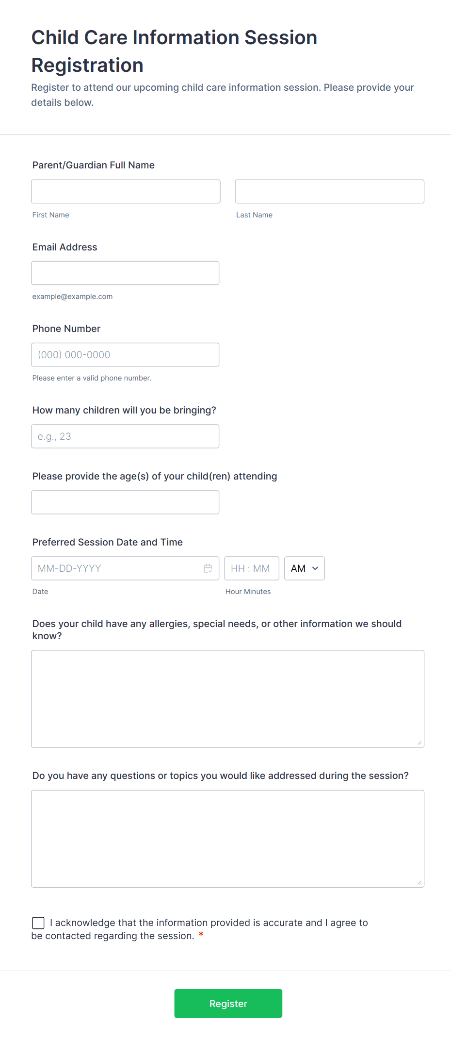Child Care Information Session Registration Form Template | Jotform