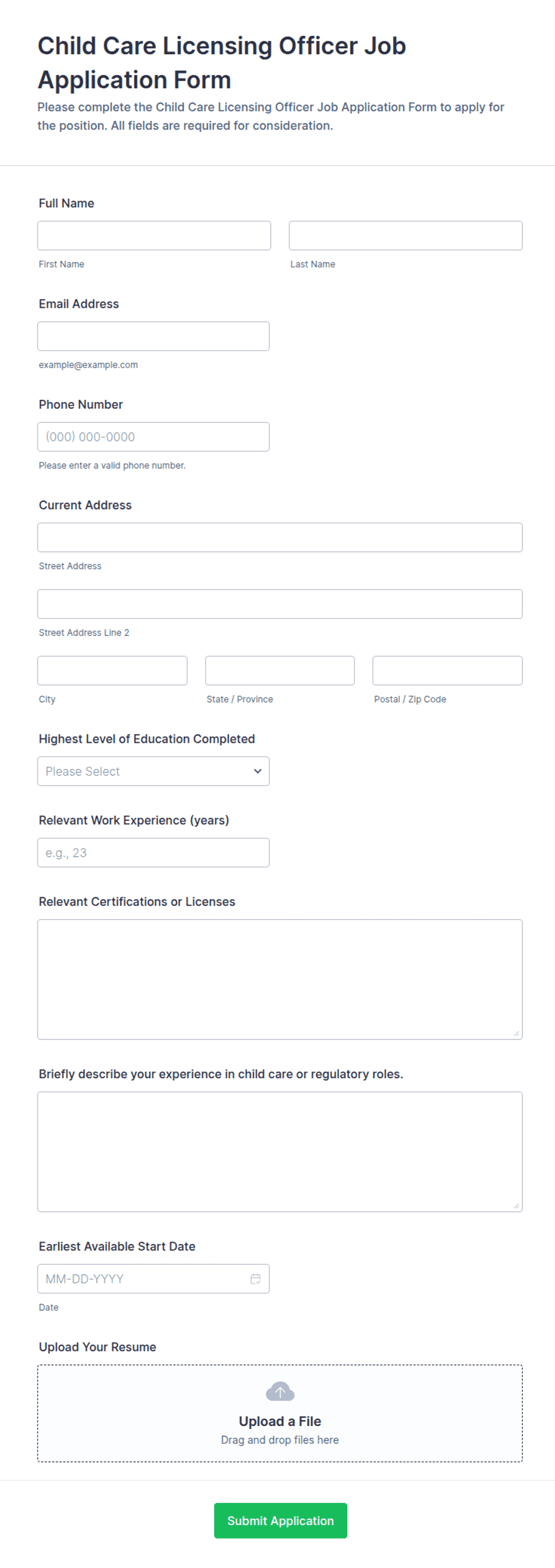 Child Care Licensing Officer Job Application Form Template | Jotform