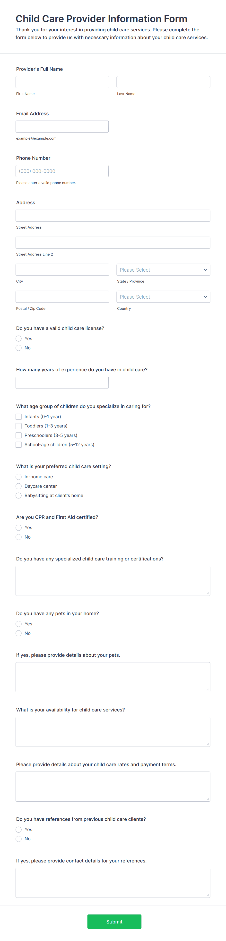 Child Care Provider Information Form Template | Jotform