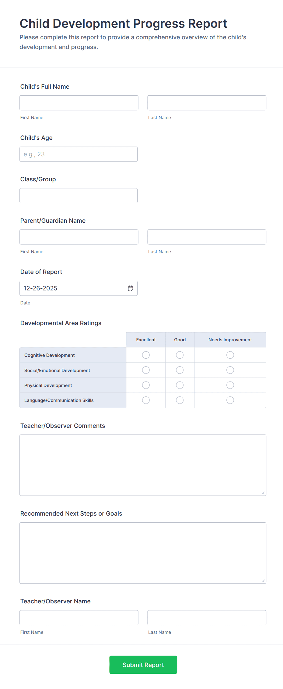 Child Development Progress Report Form Template | Jotform